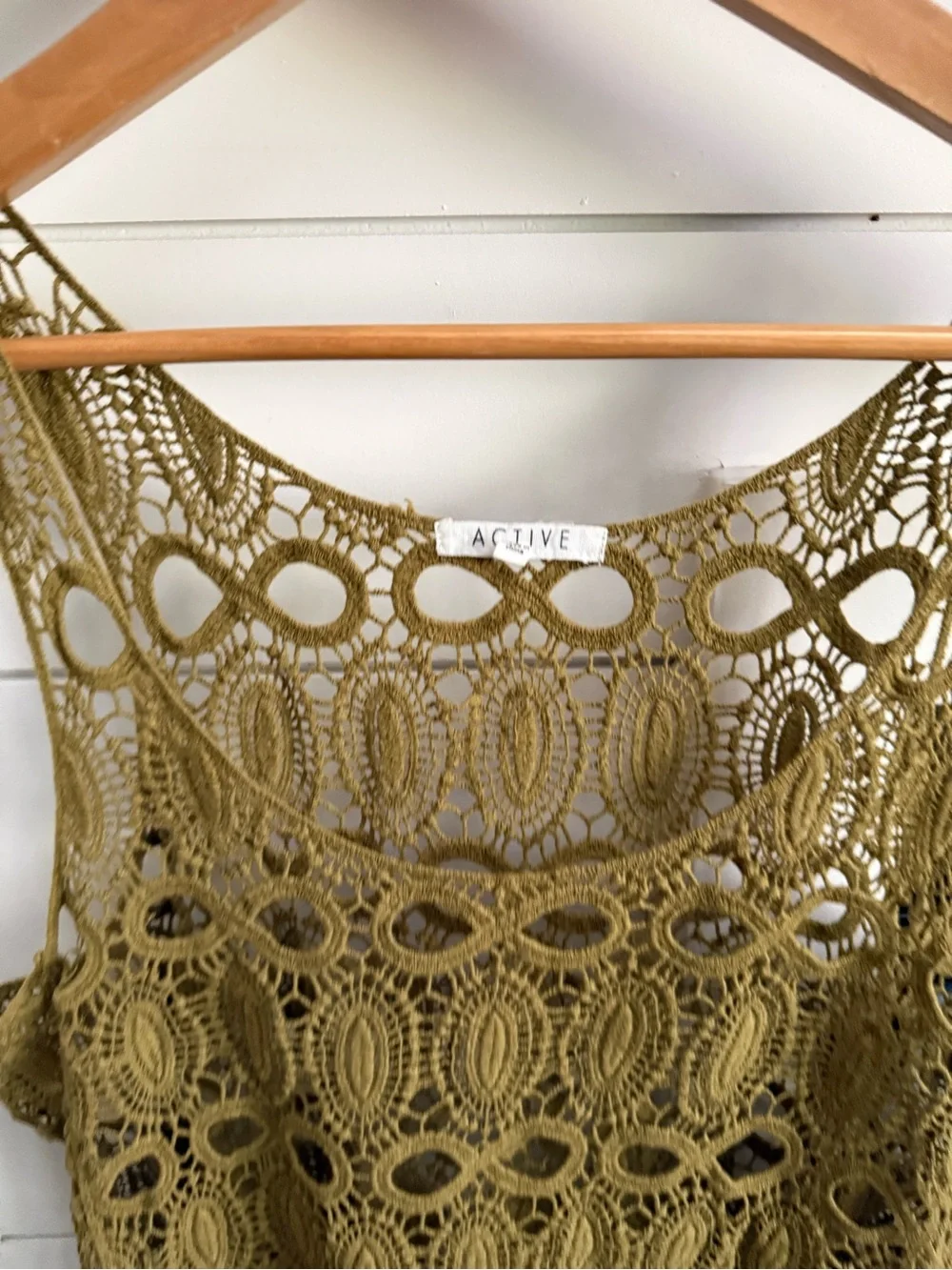 Active USA | Tops | Olive Tan Crochet Fringe Tank Top With Round Neck ...